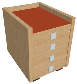 Mobilní kontejner Verno 47 x 60 cm se sklem, 4 zásuvky, dub světlý / oranžová