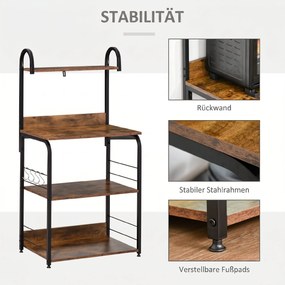 HOMCOM 4-úrovňová kuchyňská police s háčky a stojanem na mikrovlnnou troubu 60x40x125 cm Rustikální hnědá a černá