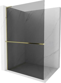 Mexen Kioto+ L, sprchová zástěna Walk-In s poličkou a věšákem 120 x 200 cm, 8mm šedé sklo, zlatý lesklý profil, 800-120-123-50-40