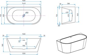 Erga Norah, volně stojící vana ke stěně 150x75 cm + odtoková zátka, bílá lesklá, ERG-Norah-150075-WH-WH