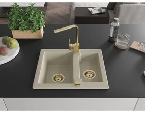 Mexen Carlos, 1,5-komorový granitový dřez s odkapávačem 582x475x177 mm a zlatá kuchyňská baterie Rita, béžová, 6518-69-670300-50
