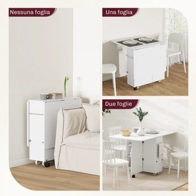 Skládací stůl HOMCOM s vyklápěcími deskami a 3 úrovněmi polic, úložná skříňka a kola, MDF, 130x80x76,5 cm, bílý
