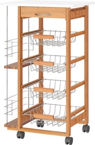 HOMCOM Kuchyňský vozík na kolečkách, Víceúčelový vozík s šuplíkem, 4 odnímatelné kovové koše a boční regály, 47x37x83 cm, Přirozené dřevo | Aosom