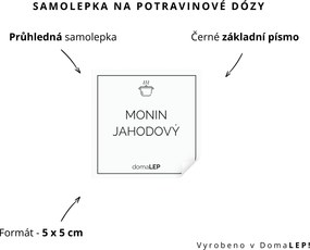 MONIN JAHODOVÝ - omyvatelná samolepka na dózu, výběr rozměrů Ø 5 cm / 5 x 5 cm / 6 x 8 cm | DomaLEP tvar: KOLEČKO, barva: PRŮHLEDNÁ - ČERNÉ písmo, velikost: Ø 5 cm - základní písmo