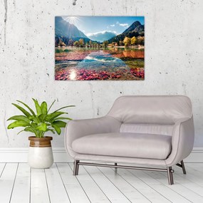 Skleněný obraz - Jezero Jasna, Gozd Martuljek, Julské Alpy, Slovinsko (70x50 cm)