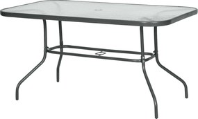 Outsunny Obdélníkový Zahradní Stůl s Zakřivenými Kovovými Okraji a Otvorem pro Slunečník, Temperované Sklo 70kg Kapacita 140x80x70 cm Tmavě Šedá | Aos