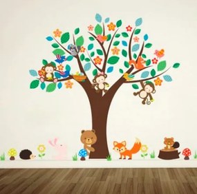 Samolepky na zeď - stromy se zvířátky Motiv: rozkvetlý strom s opicema