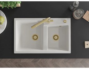 Mexen Tomas, granitový dřez 800x500x190 mm, 2-komorový a bílá baterie Duero, bílá, 6516-20-671600-50