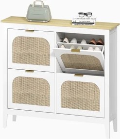 HOMCOM Úzká botní skříňka se 4 ratanovými dveřmi a nastavitelnými policemi pro 20 párů bot 105x24x95,5 cm Bílá