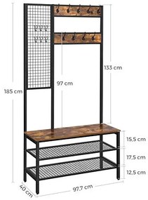 Goleto Rustikální botník s věšákem 185cm | černohnědý