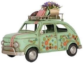Zelený kovový retro model auta Fiat s květy - 26*12*18 cm
