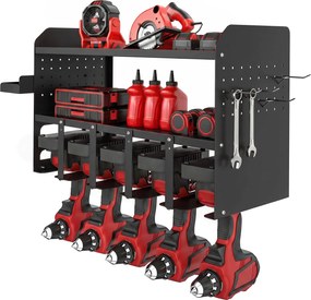 Outsunny dvoupatrový nástěnný organizér na zahradní nářadí — stojan s háčky a bočním tácem, držák na koště, nosnost až 50 kg, 61,8 × 23 × 32,7 cm, čer