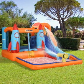 Outsunny nafukovací skákací hrad, hrací hrad se skluzavkou pro 4 děti, s foukačkou, hrací domeček pro 3-8 let, vzor raketa, polyester | Aosom