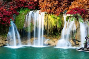 DIMEX | Samolepicí vliesová fototapeta na zeď Krásný podzimní vodopád MA-5-3246 | 375 x 250 cm | zelená, červená, bílá, oranžová