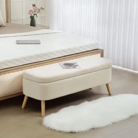 HOMCOM Úložná lavice, sedací lavice s úložným prostorem 65 l, materiál teddy-fleece, kaučukové dřevo, 120 x 42 x 45 cm, béžová