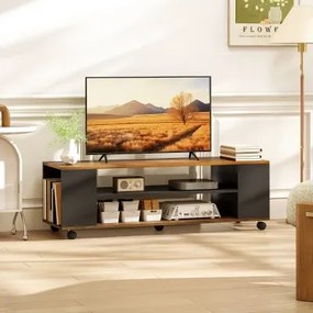 HOMCOM nástěnný nebo stojací televizní nábytek na kolečkách, 4 police pro televizor až 139,7 cm, 120x40x38,5 cm, ořech a matná černá