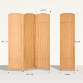 HOMCOM vnitřní paravan ze dřeva, 3-dílná skládací dělící stěna pro obývací pokoj, ložnici, 135 x 180 cm, světle hnědá