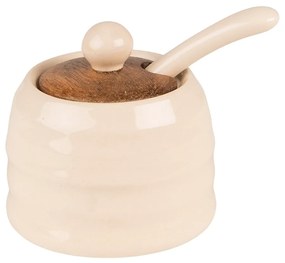 Béžová keramická cukřenka se lžičkou a dřevěným víčkem Chick Bei - Ø 8*6 cm