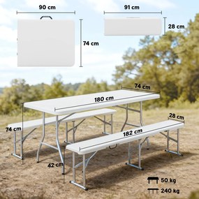 3dílná sada piknikových stolů, 1 stůl, 2 lavice, skládací kempingový stůl s držadly pro přenášení, plast, kov, bílá barva