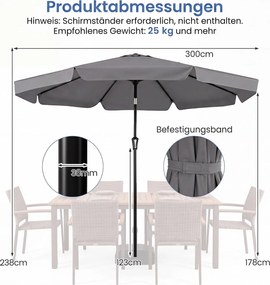 Costway Slunečník 300 cm sklopný s robustní kovovou tyčí 8 vzpěry kliková, šedá