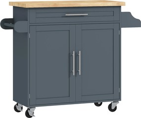 HOMCOM Víceúčelový Kuchyňský Vozík s Šuplíkem, Kolíky, Regálem na Koření, Skříňkou a Horní Deskou z Gumového Dřeva, 109x40x89 cm, Šedý | Aosom