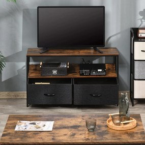 HOMCOM TV Stojan pro TV do 47" s industriálním stylem, s policí a 2 skládacími textilními šuplíky pro obývací pokoj nebo ložnici 98x29x56 cm v rustik…