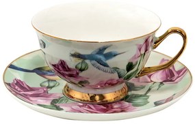Porcelánový šálek s podšálkem s květy a ptáčky Paien – 12x10x6 cm