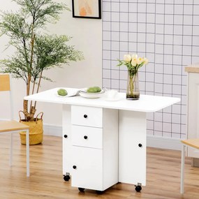 Skládací jídelní stůl HOMCOM s kolečky, skládacími křídlovými deskami, šuplíky a skříňkou pro 4-6 osob 120x60x76,5 cm Bílý