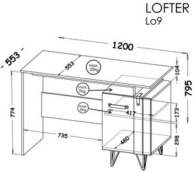 Psací stůl LOFTER 09 beton millenium + dub wotan