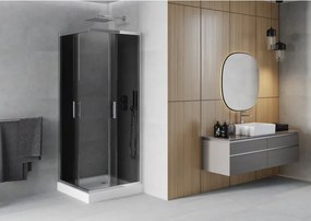 Mexen Rio, čtvercový sprchový kout s posuvnými dveřmi 70 x 70 cm, 5mm šedé sklo, chromový profil + bílá vysoká vanička Rio, 860-070-070-01-40-4510