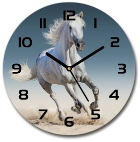 Wallmuralia Skleněné hodiny kulaté Bílý kůň ve cvalu fi 30 cm