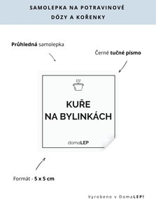 Samolepka na kořenky KUŘE NA BYLINKÁCH průhledná 5 × 5 cm tučné písmo