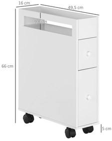 HOMCOM kleankin Koupelnová skříňka Skříňka do niky s kolečky, 2 zásuvky a otevřená přihrádka, koupelnový vozík, bílá, 16x49,5x66cm| Aosom