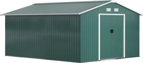 Kovová zahradní kůlna Outsunny 12,4 m², s šikmou střechou, posuvnými dveřmi a základem, 386 x 340 x 200 cm, odolná vůči počasí, pro zahradu, tmavě zel