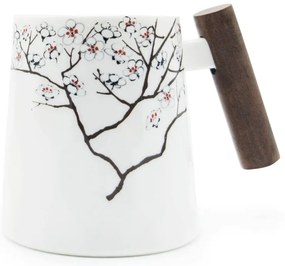 Porcelánový hrnek s dřevěnou rukojetí Třešňový květ, 400 ml – s motivem sakury v japonském designu