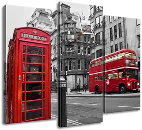 Gario Obraz s hodinami Telefonní budka v Londýně UK - 3 dílný Rozměry: 90 x 70 cm