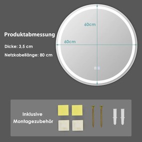 Costway Koupelnové zrcadlo Round LED zrcadlo pro montáž na stěnu 3000 K-6000 K Ø