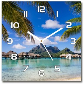 Wallmuralia Skleněné hodiny na stěnu Palmy na Bora Bora 30x30 cm