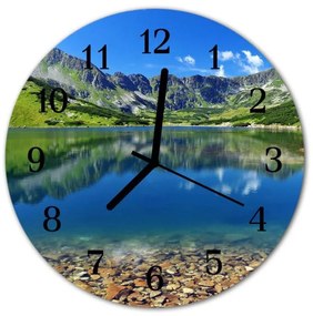 Nástěnné hodiny obrazové na skle - Jezero a hory