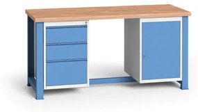 Dílenský stůl KOVONA, 1 závěsná skříňka a 3 zásuvky na nářadí, buková spárovka, pevné nohy, 1700 mm