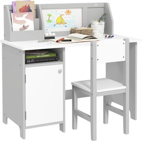 HOMCOM Dětská sada stolu a židle s tabulí, dřevěný studijní stůl pro děti od 5 let, dětský psací stůl 90x45x85 cm Šedý | Aosom
