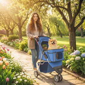 PawHut skládací kočárek pro malé psy — síťovaná okénka, úložný koš a držák na nápoj, nosnost 10 kg, modrý