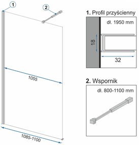 Rea Aero Ombre, sprchová zástěna Walk-In 110x195 cm, 8mm čiré sklo s černým vzorem, černý matný profil, REA-K2461