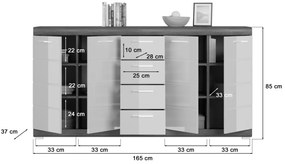 Široká komoda Scout, 165 cm, šedý dub/bílá lesk