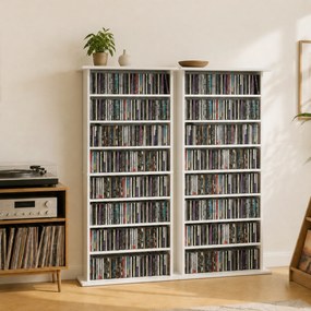 HOMCOM Úzká mediální skříň, 8 pater, 6 nastavitelných polic, 8 přihrádek, pro 360 CD, bílá