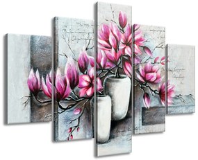 Gario Ručně malovaný obraz Růžové magnolie ve váze - 5 dílný Rozměry: 150 x 105 cm