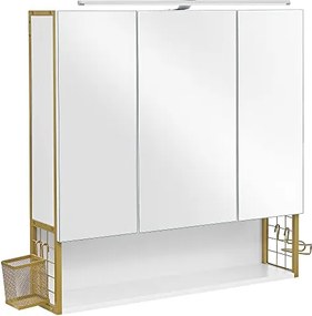 Koupelnová zrcadlová skříňka s osvětlením, bílá-zlatá, 14,5×70×70 cm