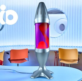 Mathmos iO Giant Silver, originální lávová lampa, stříbrná s fialovou tekutinou a červenou lávou, výška 78cm