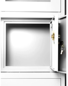 Plechová policová skříň s vitrínou, zásuvkami a trezorem pro důležité věci FILIP, 900 x 1850 x 400 mm, bílá