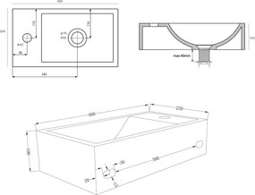 Sapho Sapho, CREST L betonové umyvadlo včetně výpusti, 40x22 cm, bílý pískovec, AR410